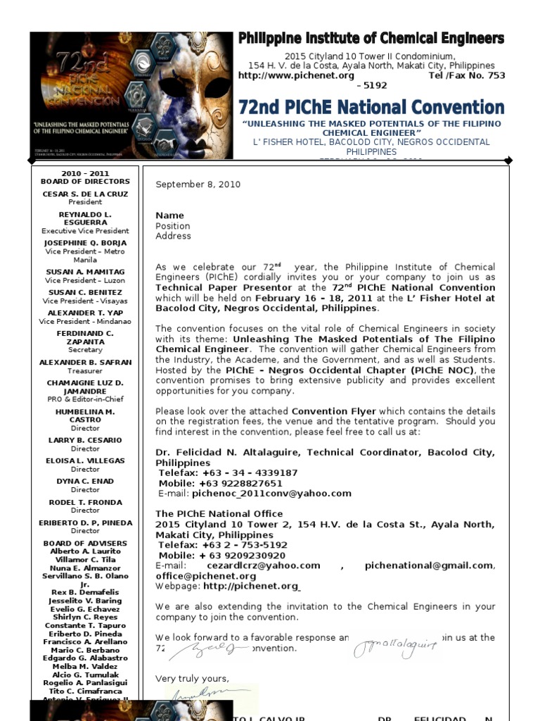 72nd PIChE National Convention 2011 - Invitation - Technical Paper ...