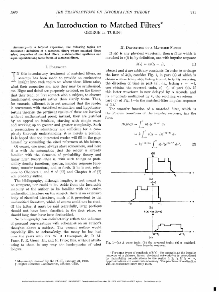 An Introduction To Matched Filter | PDF | Spectral Density | Filter (Signal Processing)