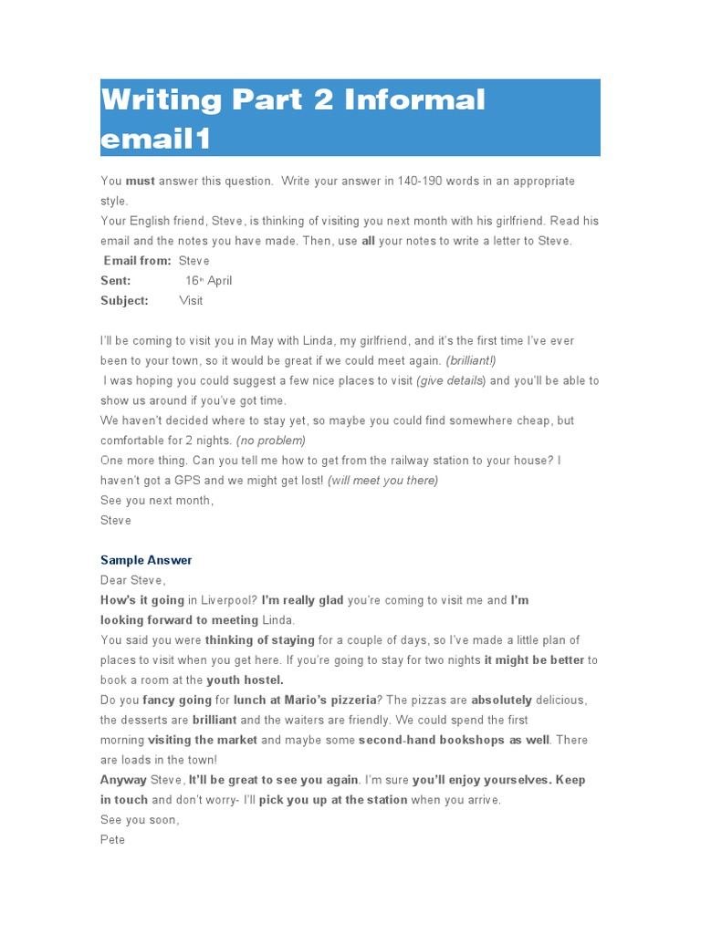 Writing Part 2 Informal Email1: Sample Answer | PDF