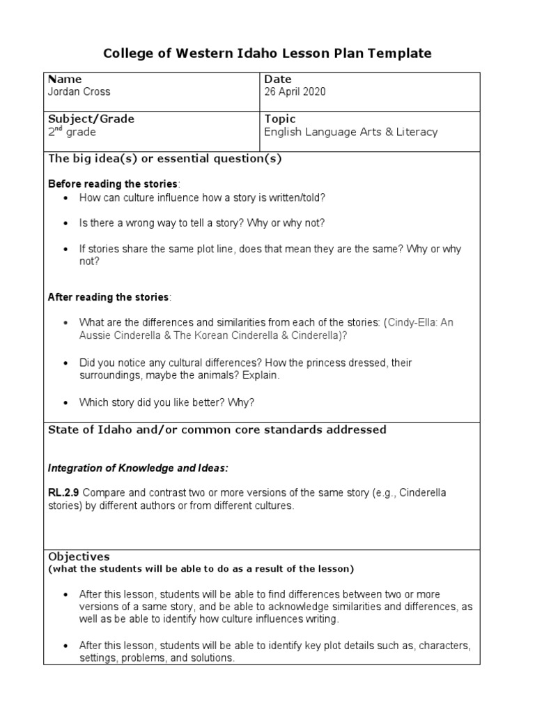 College of Western Idaho Lesson Plan Template: Cindy-Ella: An Aussie ...