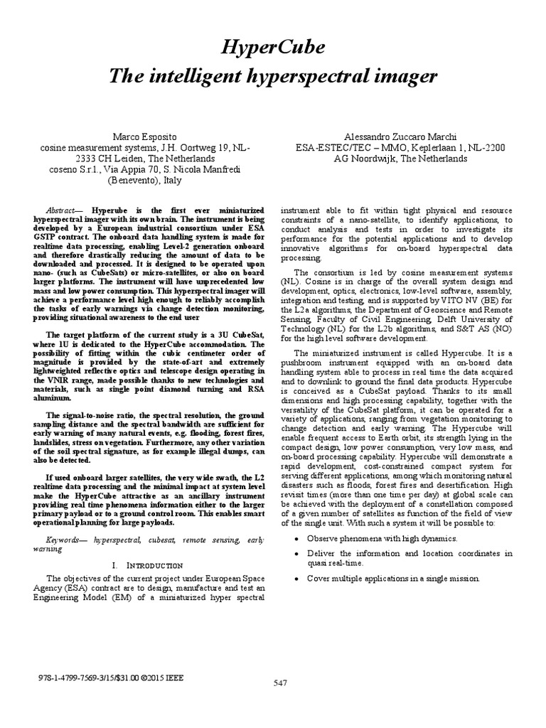 Hypercube The Intelligent Hyperspectral Imager Abstract Hyperube Is