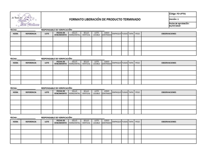 Formato Liberación de Productos Terminados | PDF