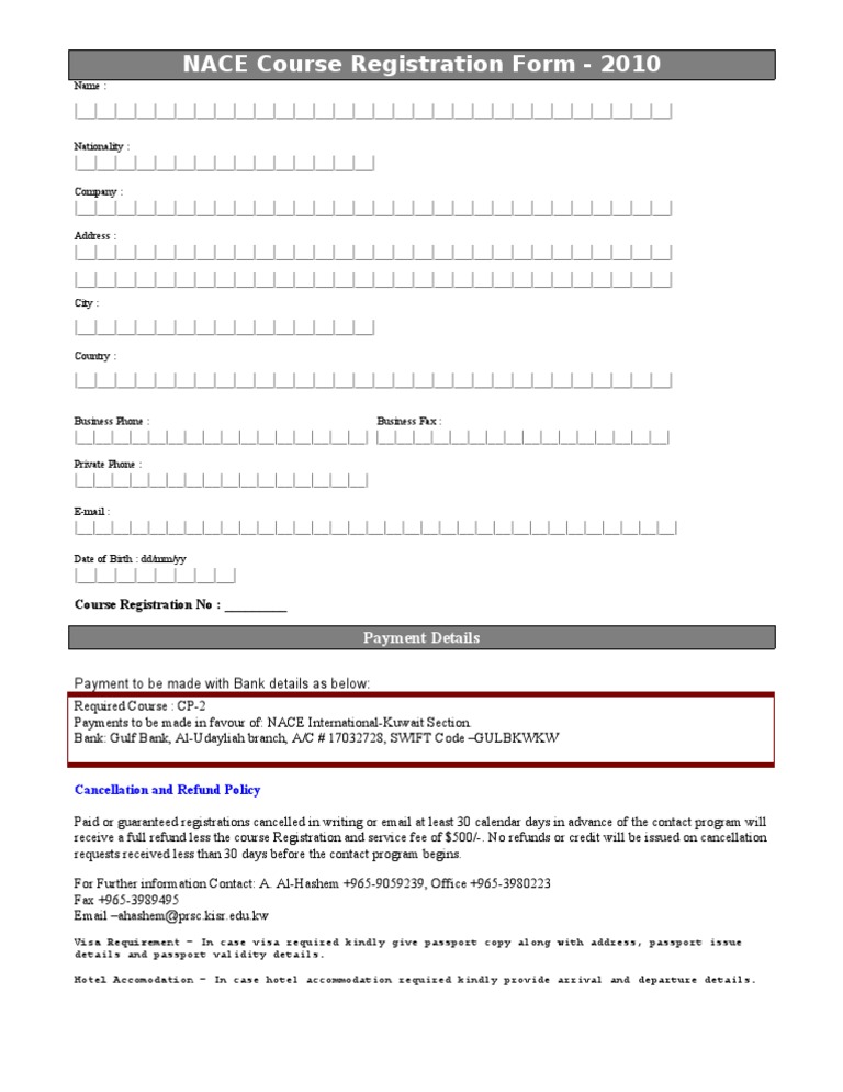 NACE Course Registration Form 2010 | PDF | Business