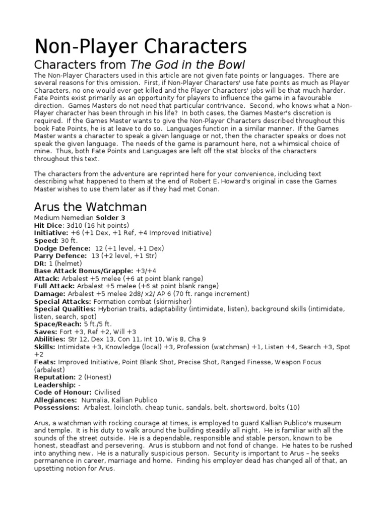 (Conan RPG) Characters - From - The - God - in - The - Bowl | PDF ...