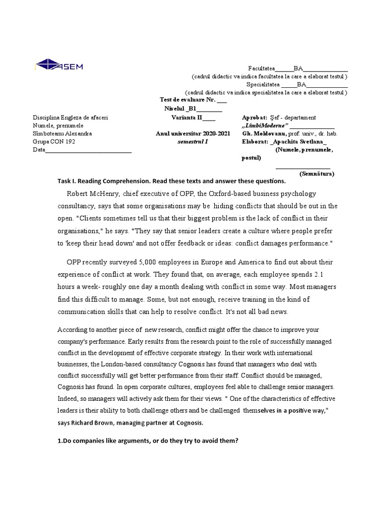 Task I. Reading Comprehension. Read These Texts and Answer These ...