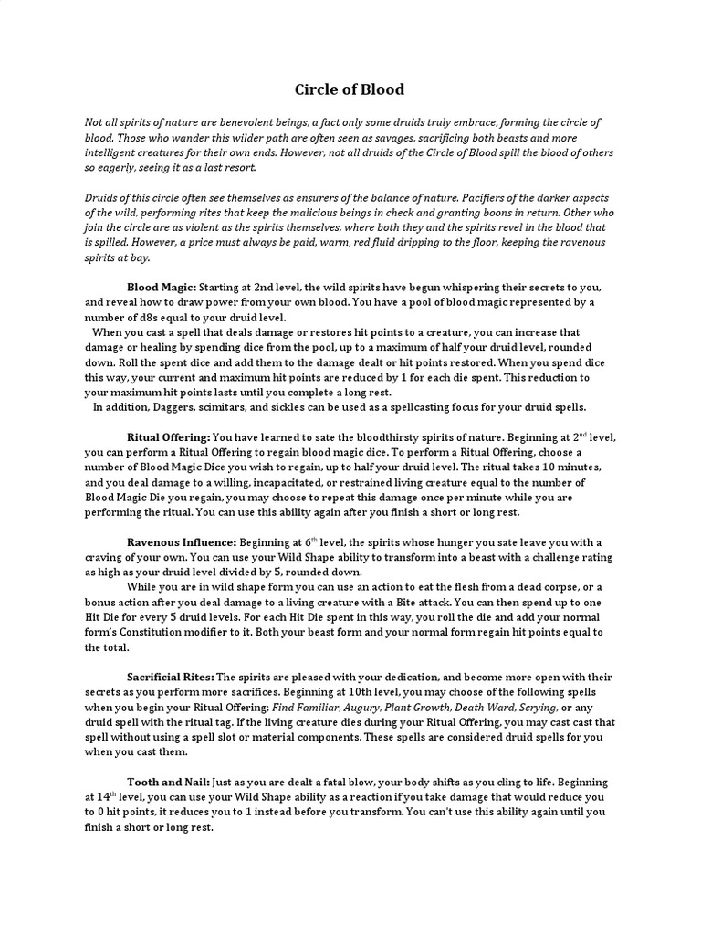 Druid Subclass - Circle of Blood | PDF | Law