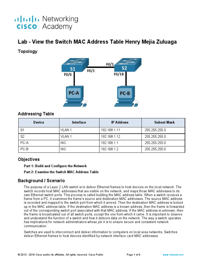 7.3.7 Lab - View The Switch Mac Address Table | PDF | Network Switch | Computer Network