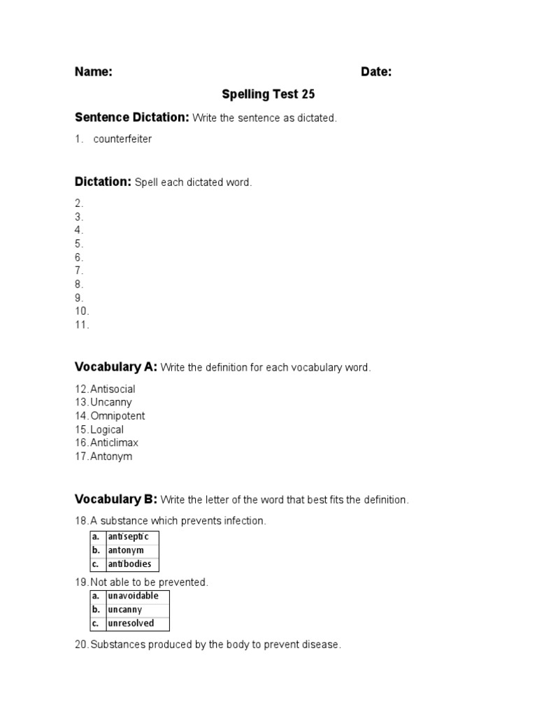 Name: Date: Spelling Test 25 Sentence Dictation | PDF