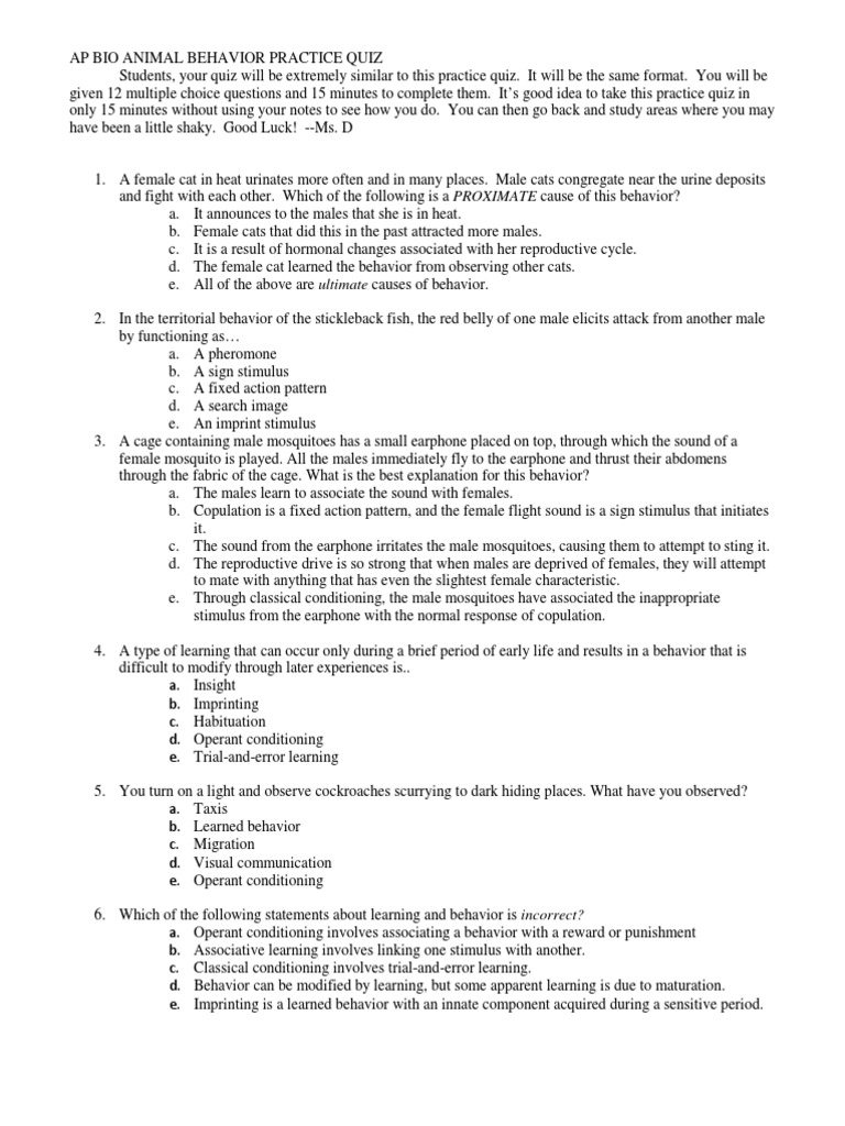 AP Bio Animal Behavior Quiz Guide | PDF | Learning | Sexual Reproduction