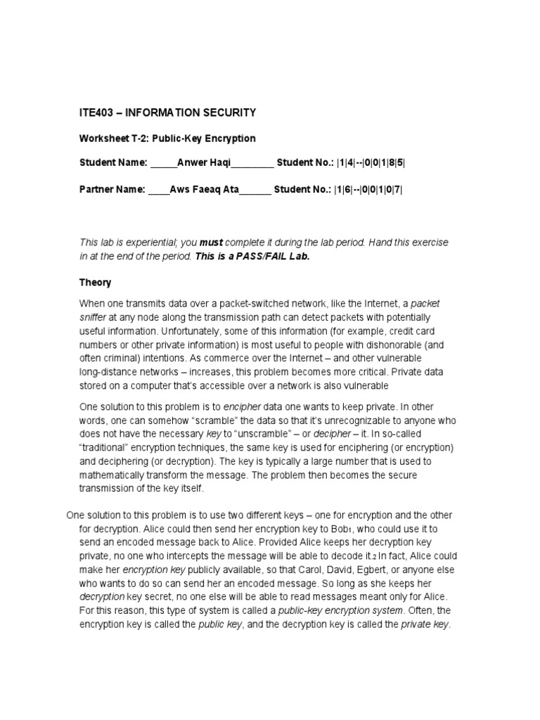 ITE403 Information Security Worksheet T-2 PUBLIC KEY ENCRYPTION With ...