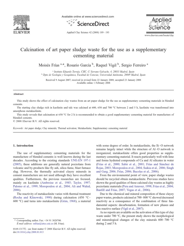 Frías Et Al. - 2008 - Calcination of Art Paper Sludge Waste For The Use ...