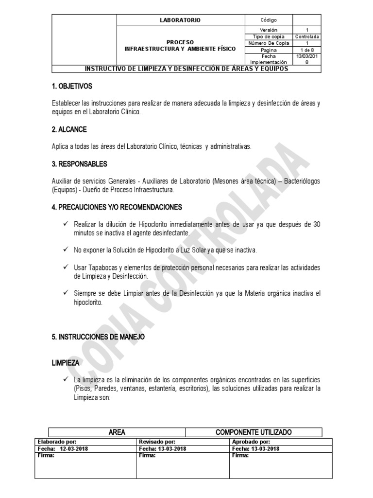 Protocolo de Limpieza y Desinfección de Areas y Equipos | PDF | Laboratorios | Agua