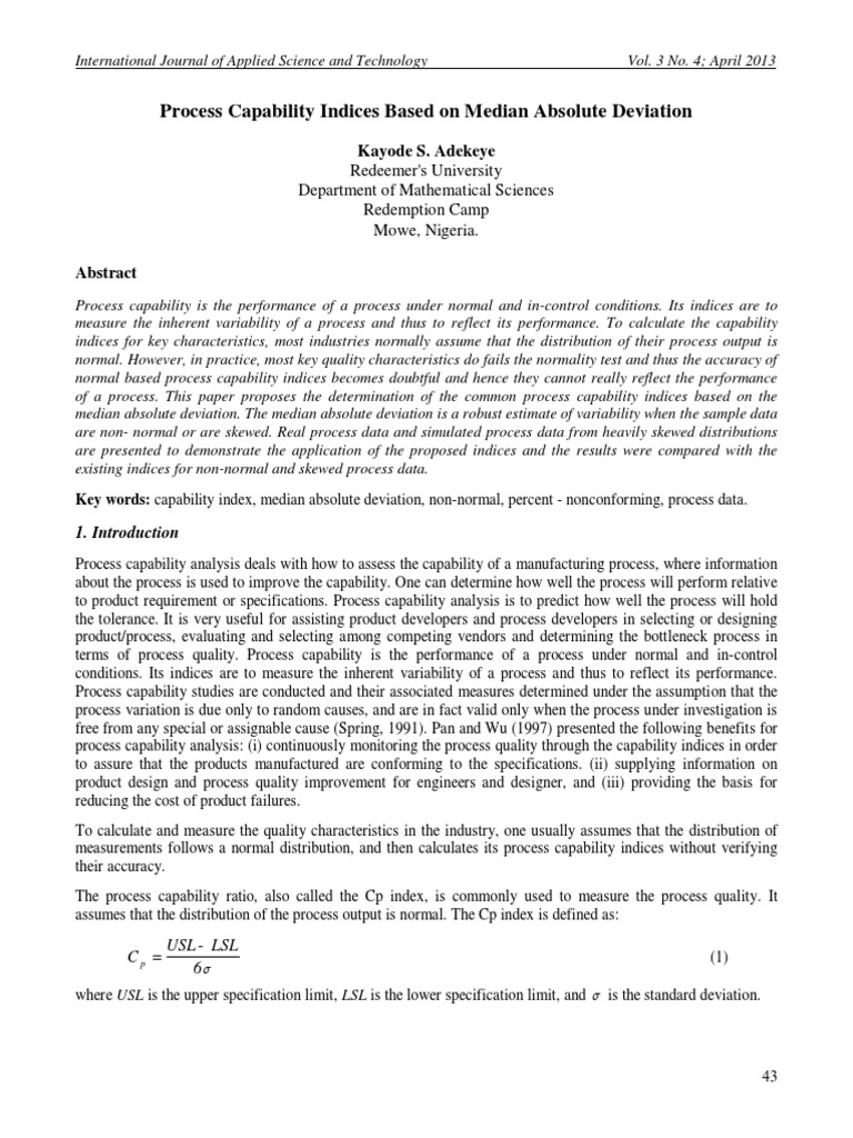 Process Capability Indices Based On Median Absolute Deviation Pdf Pdf Median Normal