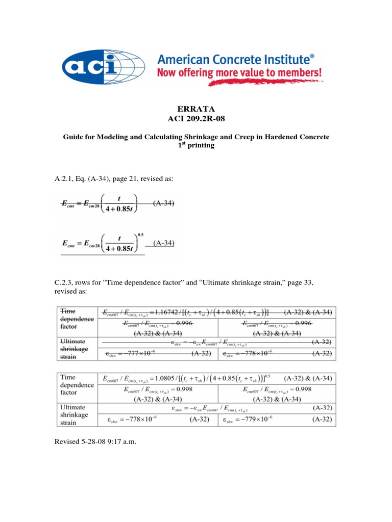 Errata Aci 209 2r 08 Guide For Modeling And Calculating Shrinkage And Creep In Hardened