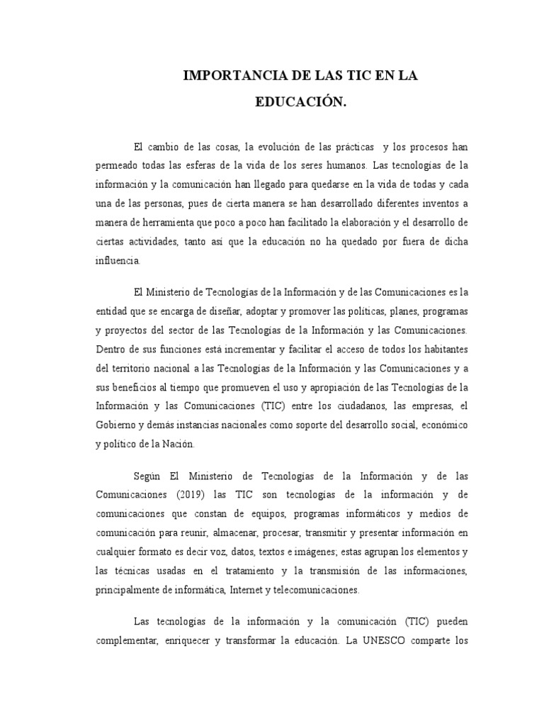 Importancia De Las Tic En La Educación Pdf Tecnología De