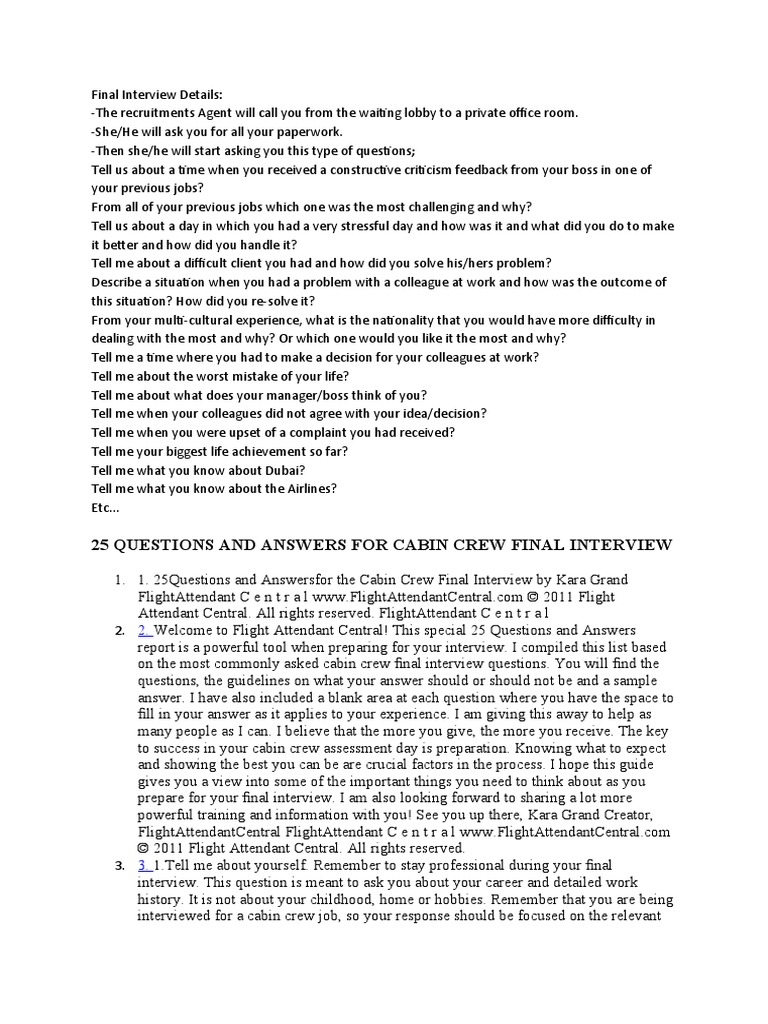 25 Questions and Answers For Cabin Crew Final Interview | PDF | Flight Attendant | Interview