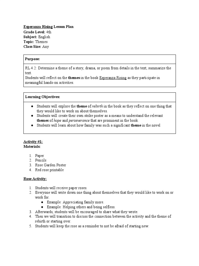 Esperanza Rising Grade Level: Subject: Topic: Class Size: Purpose | PDF ...