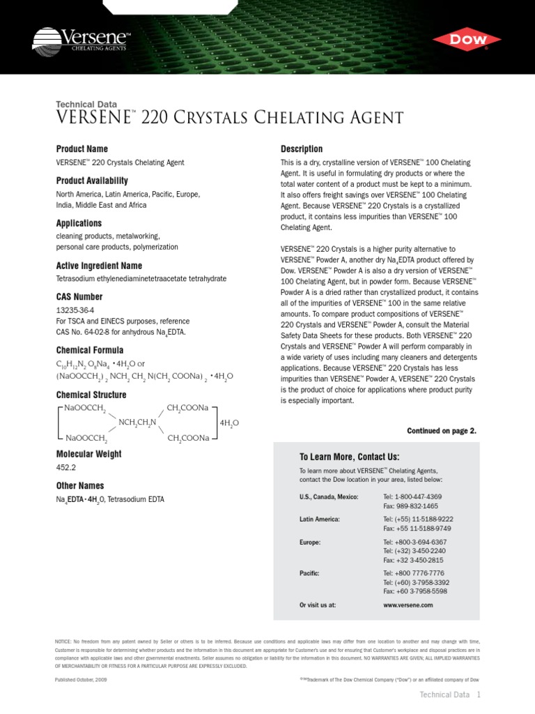 TDS - Versene 220 Crystal - H&L PDF | PDF | Ethylenediaminetetraacetic ...
