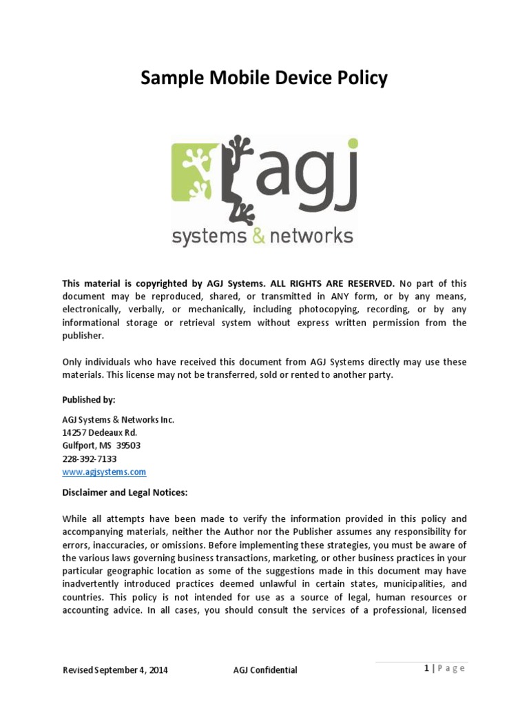AGJ Sample Mobile Device Policy PDF | PDF | Business | Computing