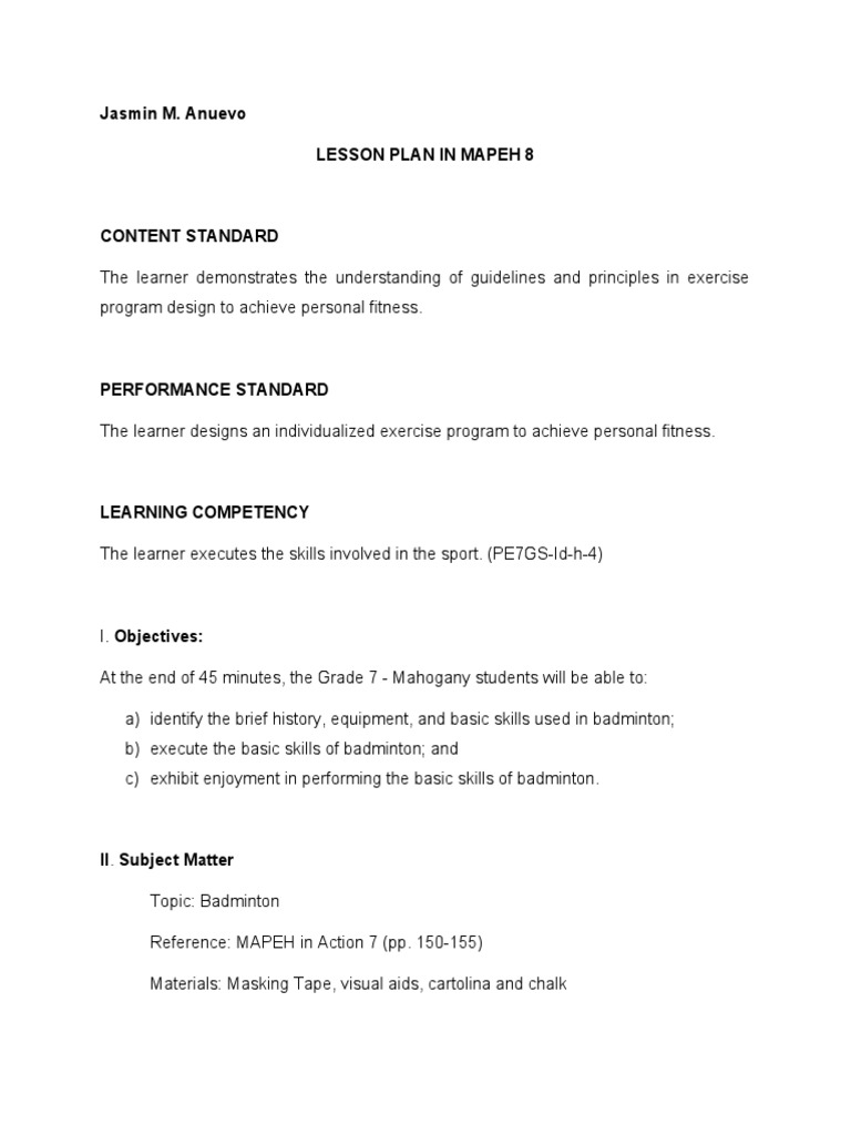 Grade 7 Badminton Lesson Plan | PDF | Racquet Sports | Cognition