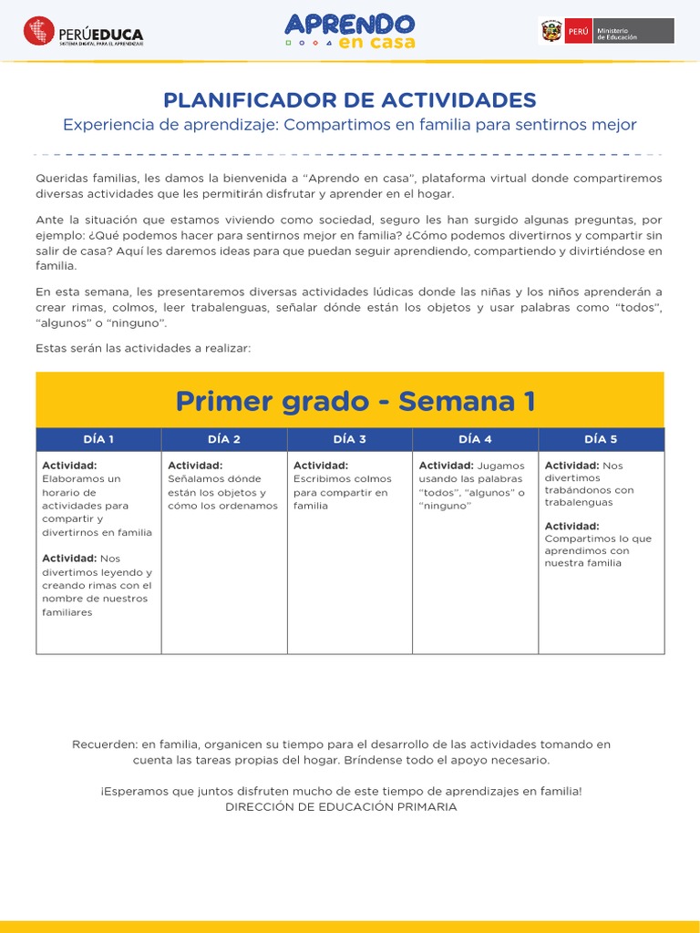 Semana 1 - 1er Grado Primaria PDF | PDF | Educación primaria | Aprendizaje