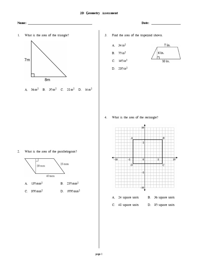 2D Geometry Assessment Name: Date | PDF | Area | Classical Geometry