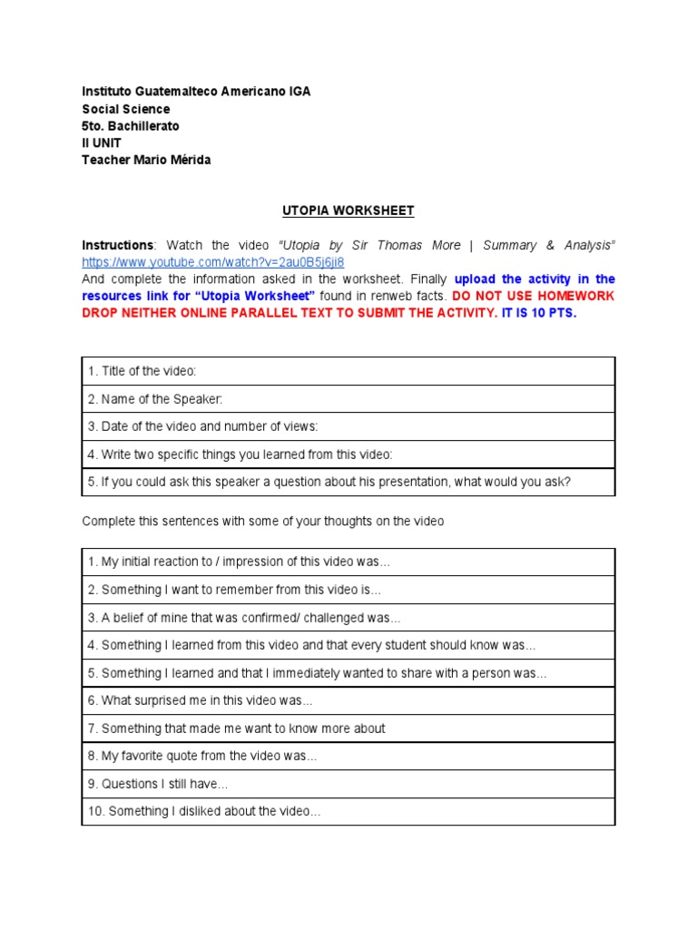 Utopia Worksheet for Students | PDF