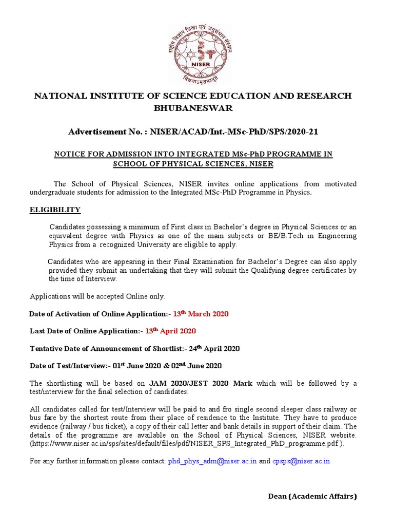 Int - MSC-PHD Advertisement 2020-21 | PDF