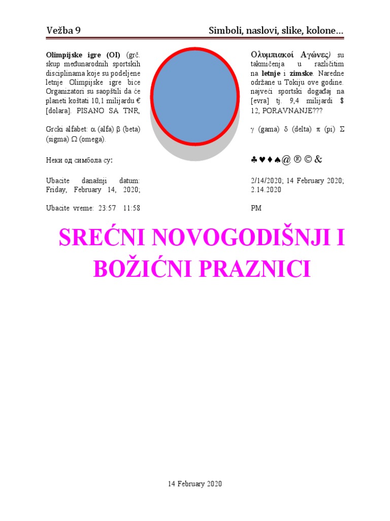 WORD VEZBA 9 Simboli, Naslovi, Slike, Kolone | PDF