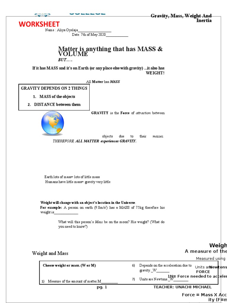 Aliya Oyelaja - MASS & WEIGHT WORKSHEET | PDF | Weight | Mass