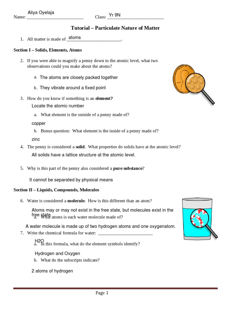 Aliya Oyelaja - Particulate Nature of Matter Worksheet | PDF | Molecules | Chemical Compounds