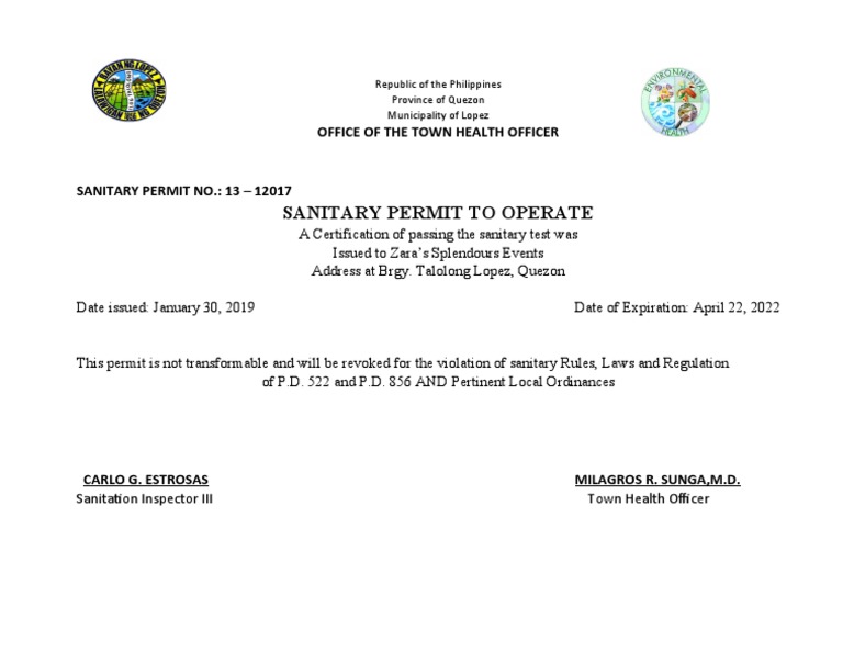 Sanitary Permit To Operate: Office of The Town Health Officer | PDF