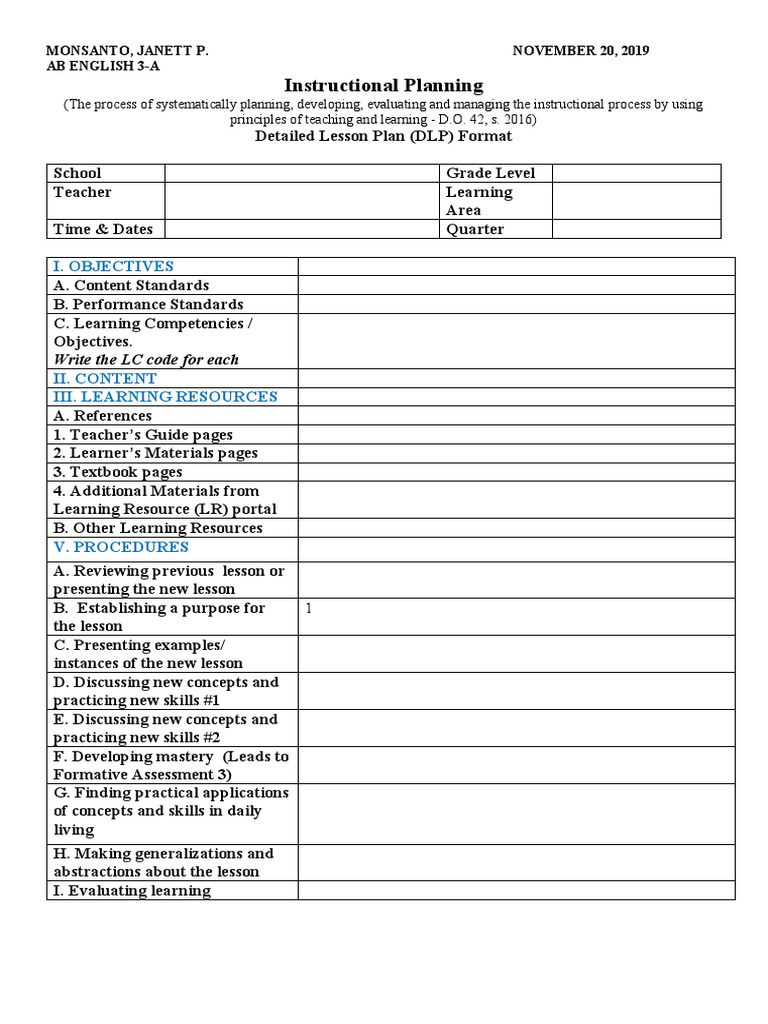 A Detailed Lesson Plan Template Following the 4A's Instructional ...