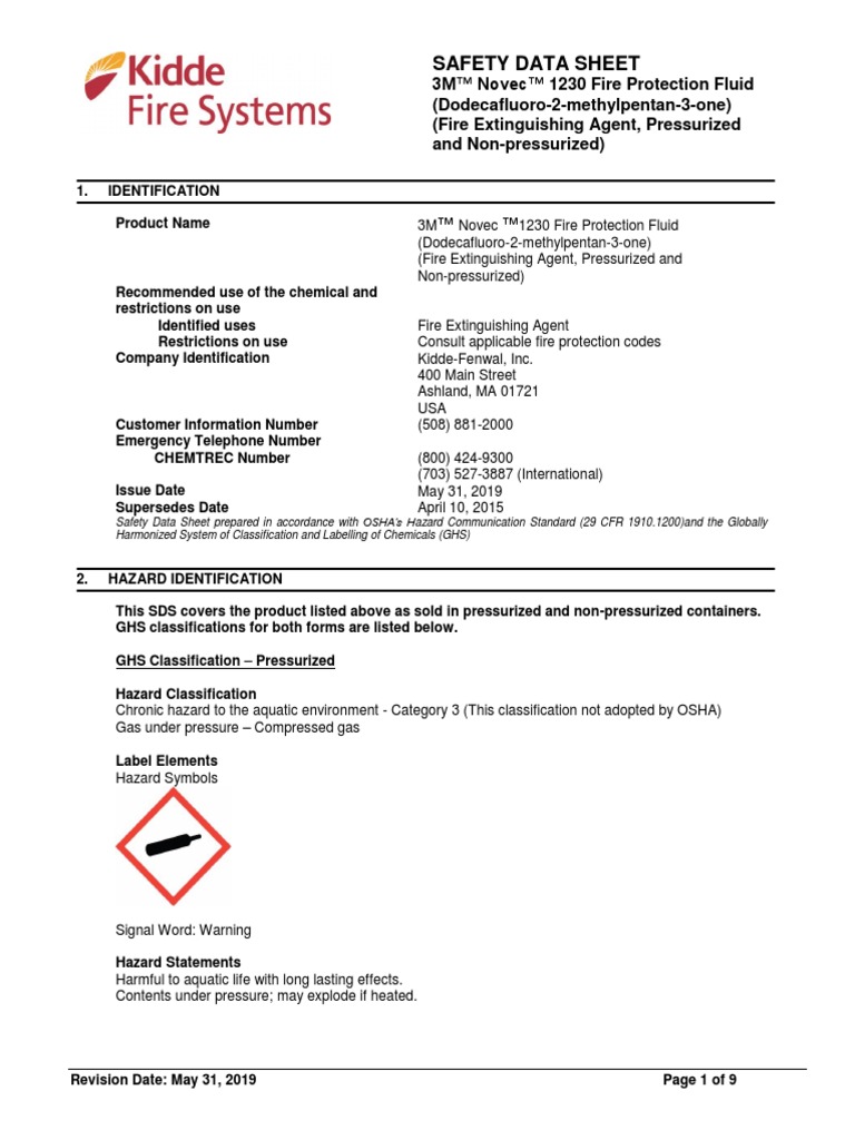 Kidde - 3M - Novec - 1230 - Safety - Data - Sheet - 05312019 | PDF ... Kidde - 3M - Novec - 1230 - Safety - Data - Sheet - 05312019 | PDF ...