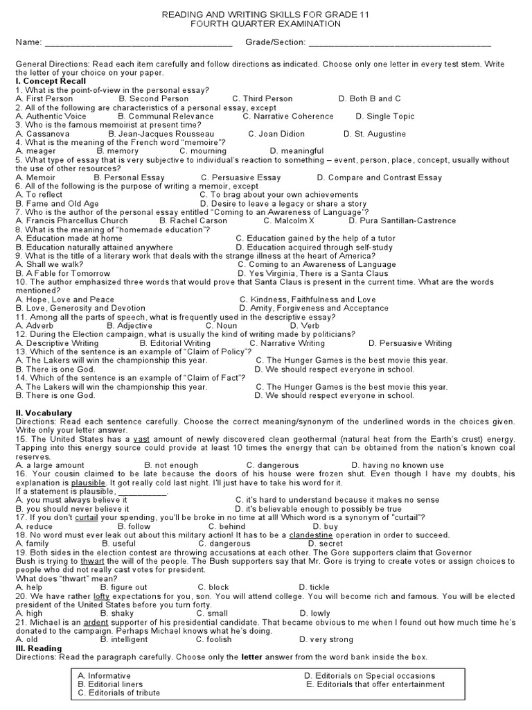 Grade 11 Reading & Writing Exam Guide | PDF | Sentence (Linguistics ...