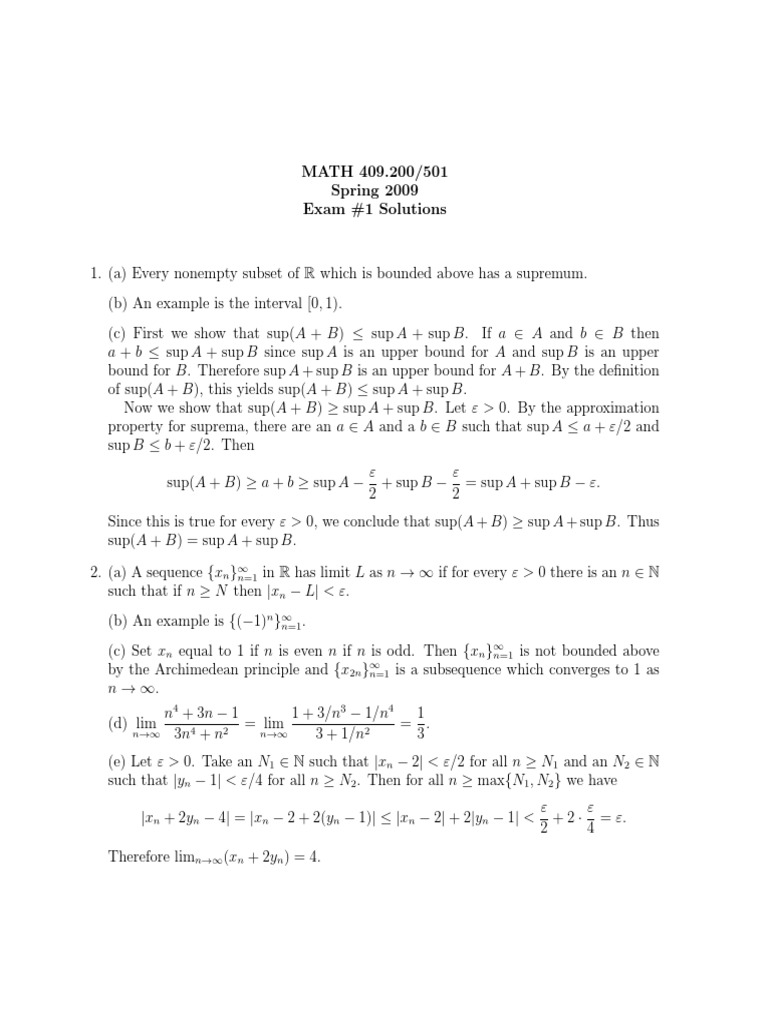 Solutions to Exam #1 for MATH 409.200/501 Spring 2009 | PDF | Mathematical Objects ...