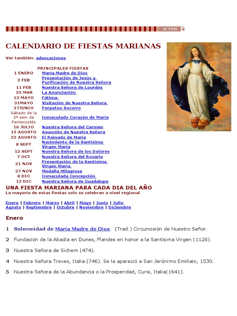 Calendario de Fiestas Marianas | Descargar gratis PDF | María, madre de ...
