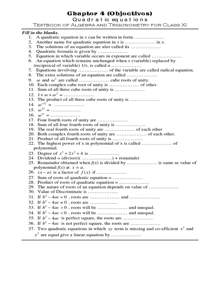 Chapter 4 (Objectives) : Quadratic Equations | PDF | Factorization | Elementary Mathematics
