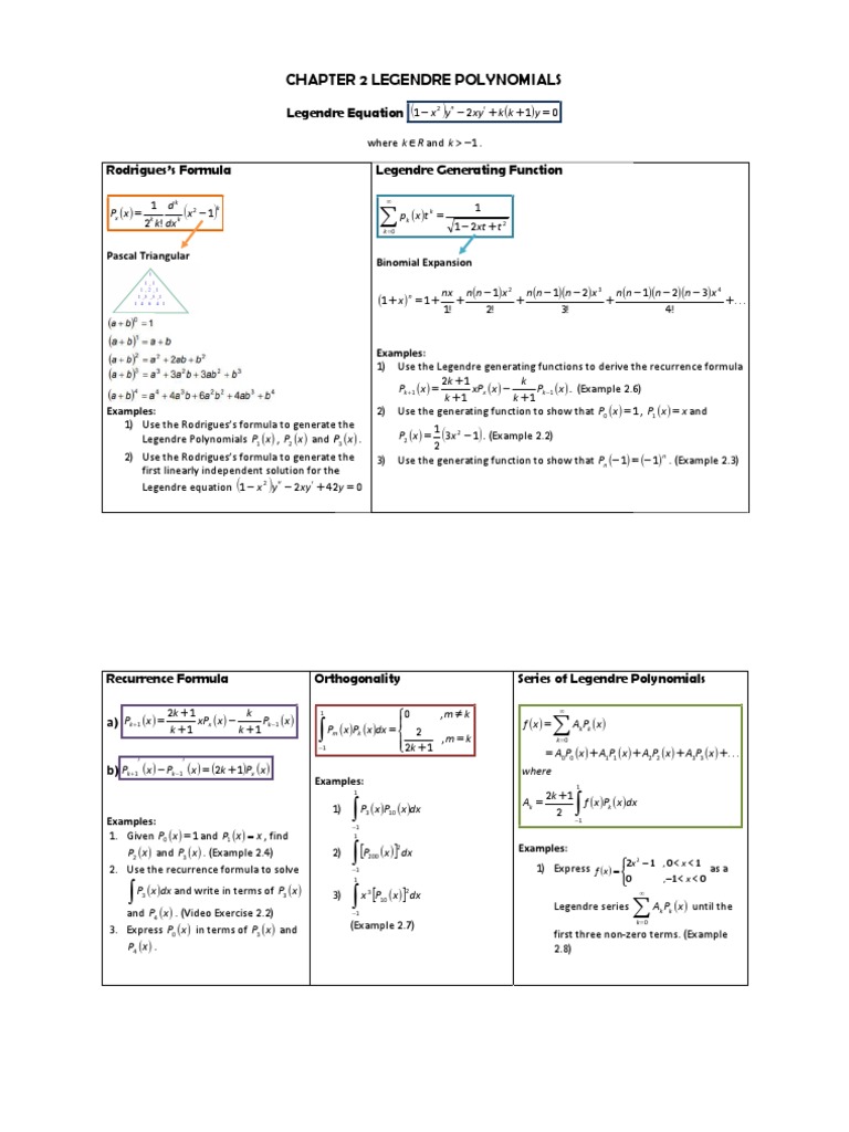 Mat480 Chapter 2 Summary of Legendre Polynomials | PDF | Computational Science | Algebra