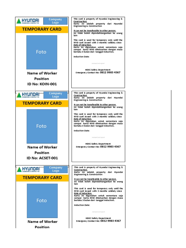 Temporary Card: Name of Worker Position ID No: KOIN-001 | PDF | Business