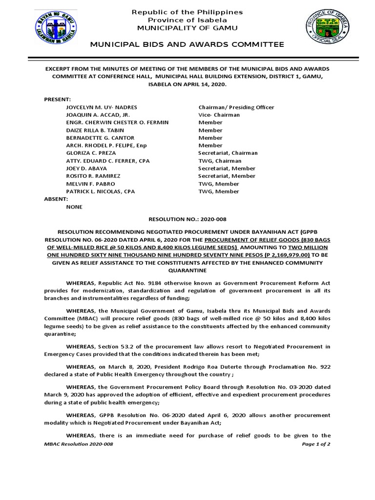 Resolution Recommending Negotiated Procurement Under Bayanihan Act for ...