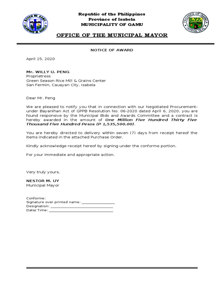 Office of The Municipal Mayor: Republic of The Philippines Province of ...