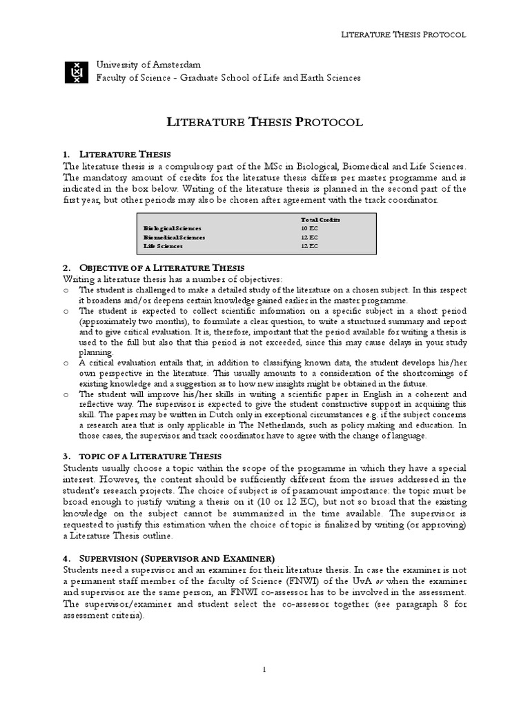 Assessing MSc Literature Theses: Guidelines for Supervisors, Examiners and Students at the ...