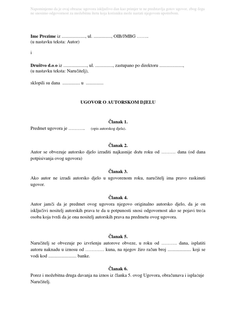 Ugovor o Autorskom Djelu | PDF