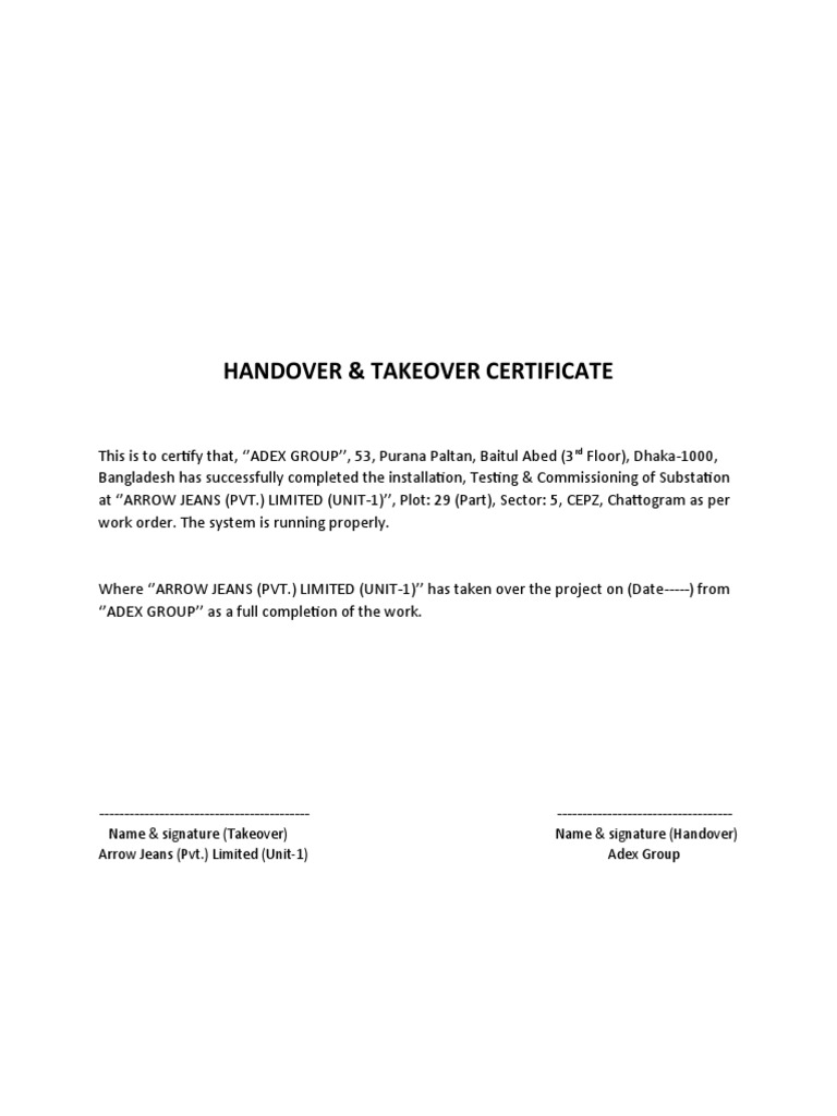 HANDOVER Certificate For Substation | PDF