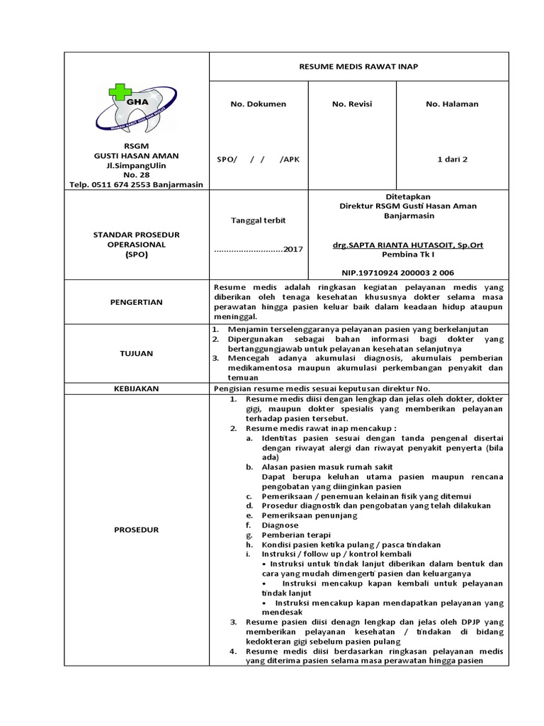 SOP RESUME MEDIS Rawat Inap | PDF