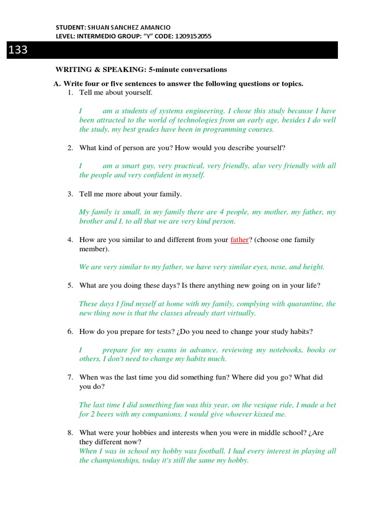 WRITING & SPEAKING: 5-Minute Conversations A. Write Four or Five ...