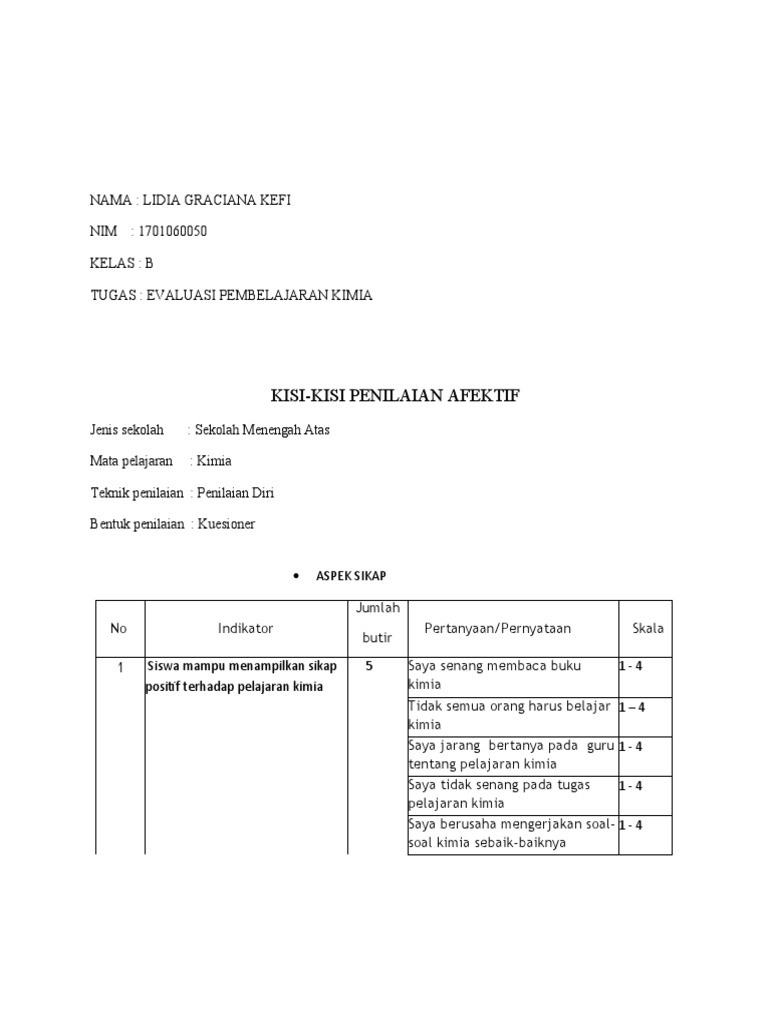 Kisi Kisi Instrumen Afektif Lidia Kefi | PDF