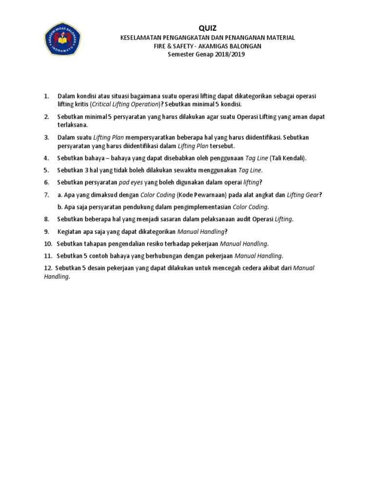 Quiz UAS - Keselamatan Pengangkatan Dan Penanganan Material - Tyo | PDF
