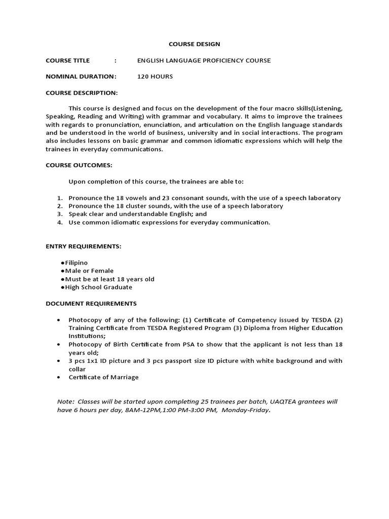 Course Design Course Title Nominal Duration Course Description Pdf English Language Speech